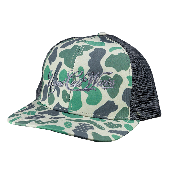 Green Old School Camo Trucker Hat Cursive – United Call Works