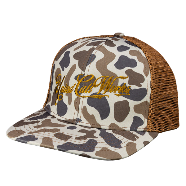 Brown Old School Camo Trucker Hat Cursive – United Call Works